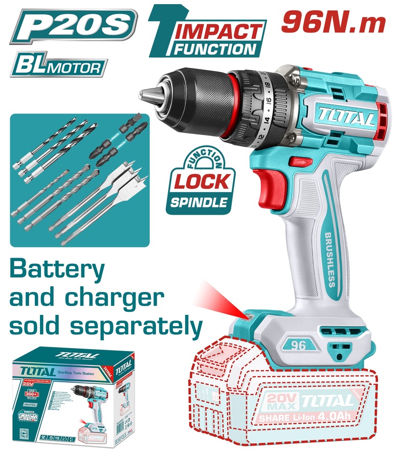 TOTAL ΕΠΑΓΓ. ΔΡΑΠ/ΒΙΔΟ ΚΡΟΥΣΤΙΚΟ ΜΠΑΤ. Li-ION 20V/96Nm BL MOTOR ΧΩΡΙΣ ...